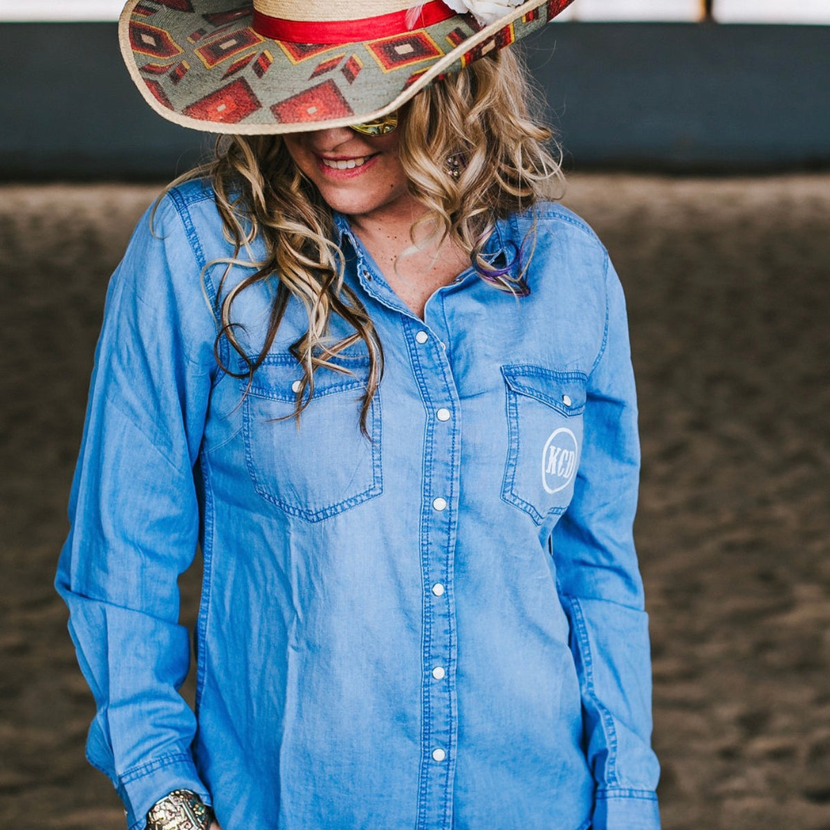 Women’s Denim Rodeo Shirt- KCD Logos White Sparkle – KickingCowgirlDesigns